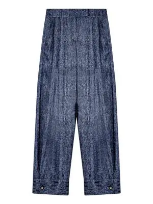Giorgio Armani Pleated Denim-print Silk Trousers - Navy Blue
