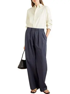 ST. AGNI Pleated Pinstriped Cotton-blend Wide-leg Pants Gray