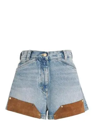 Sandro Suede-trim Denim Shorts - Blue