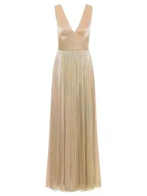 Costarellos Pleated V-neck Gown - Neutrals