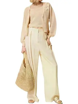 TWINSET Mesh Stitch Cardigan And Top With Floral Appliqu - Neutrals