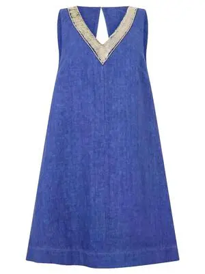 120% Lino A-line Embellished Dress - Blue