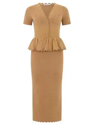 SELF-PORTRAIT Scalloped Peplum Midi Dress - Neutrals