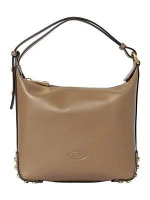 TOD'S Leather Shoulder Bag With Gold Tone Studs - Beige