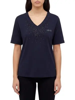 Liu Jo V-neck Cotton T-shirt With Rhinestone Embellishment - Black