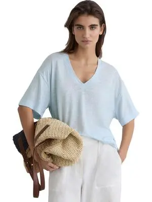 REISS Ember Linen V-neck T-shirt - Blue