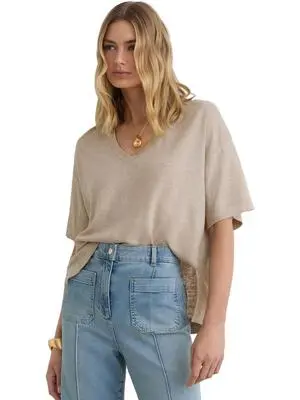 REISS Ember Linen V-neck T-shirt - Stone Neutral