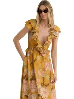REISS Lucy Floral-print Frill-trim Midi Dress - Yellow