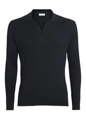 Sunspel Silk-cotton Long-sleeve Polo Shirt Navy