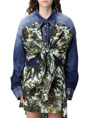 Dsquared2 Cotton Denim Shirt With Tropical Inserts - Green
