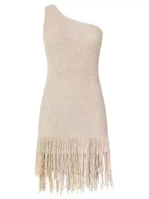 Pinko One-shoulder Fringed-hem Mini Dress - Neutrals