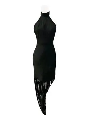 Francisco Arce Hellen Silk Fringe Asymmetric Halter Dress - Black