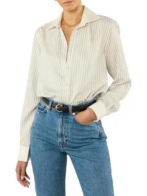 WITH NOTHING UNDERNEATH Boyfriend Stripe Contrast Tencel Shirt - Silver