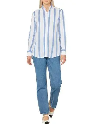 WITH NOTHING UNDERNEATH Boyfriend Stripe Linen Cotton Shirt - Blue
