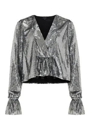 Azeeza Thistle Ruffle Sequin Top Silver Sequin