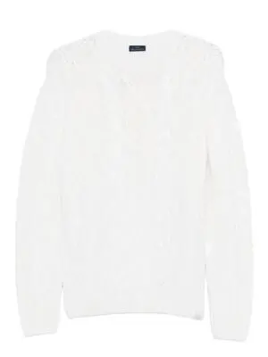 Paul & Shark Crew Neck Cable Knit Wool Sweater - White