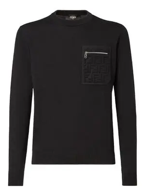Fendi Crew Neck Wool Sweater With Pocket - Black