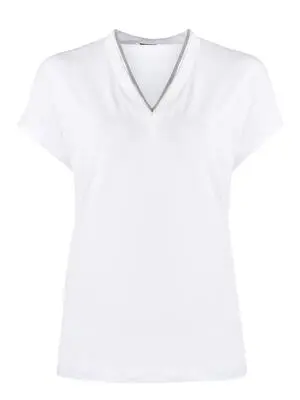 Brunello Cucinelli Cotton T-shirt With V-neck And Jewel Finishes - White