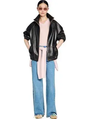 Sandro Distressed Leather Oversized Jacket - Brown