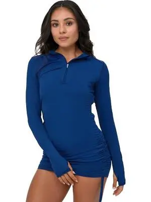 BLOQUV Long Sleeve Sun And Uv Protection Drawstring Coverup Dress - Navy