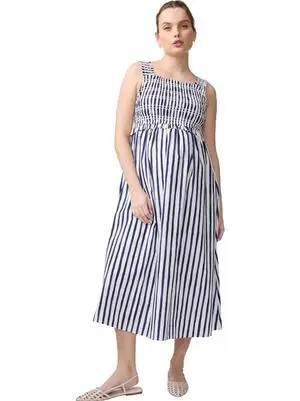 INGRID & ISABEL Square Neck Smocked Maxi Dress - Indigo Stripe