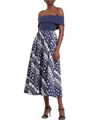 ISAAC MIZRAHI NEW YORK Off-the-shoulder Midi Dress - Dot Navy