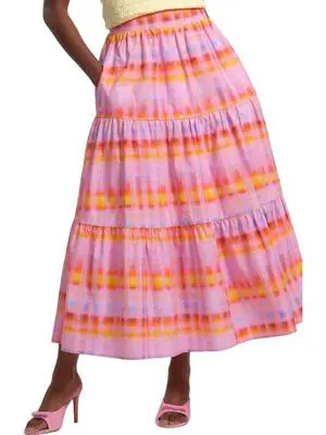 ISAAC MIZRAHI NEW YORK Tiered Stripe Cotton Midi Skirt - Pink Multi