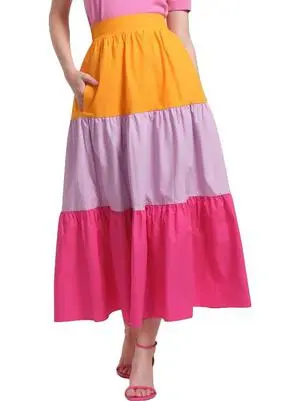 ISAAC MIZRAHI NEW YORK Tiered Stripe Cotton Midi Skirt - Purple Multi