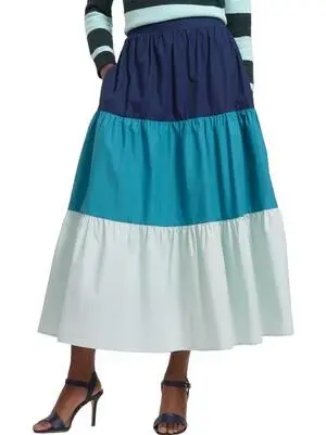 ISAAC MIZRAHI NEW YORK Tiered Stripe Cotton Midi Skirt - Teal Multi