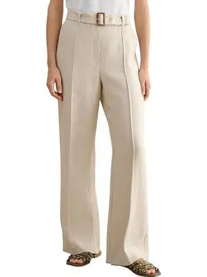 HOBBS LONDON Zainah Linen Wide Leg Belted Trousers - Neutral