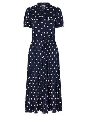 SELF-PORTRAIT Tie-detailed Belted Pleated Polka-dot Satin Midi Dress - Blue