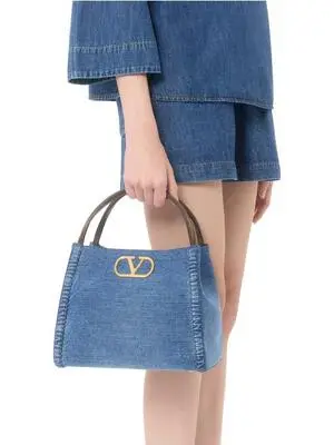 Valentino Garavani Alltime Medium Handbag With Embroidered Strap - Denim