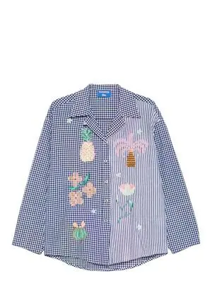SUSANNA BLU Gingham Striped Embroidered Shirt - Blue