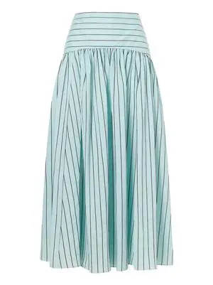 Staud Procida Pleated Striped Cotton-Blend Poplin Midi Skirt Blue