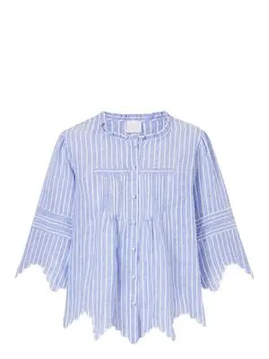 LORETTA CAPONI Matilde Scalloped Striped Linen Shirt