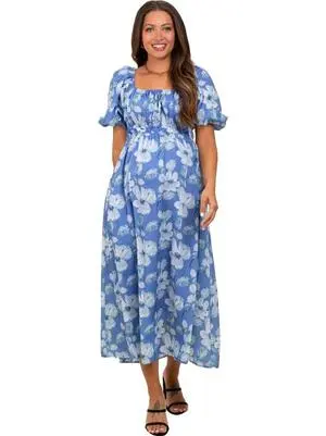 PINKBLUSH Floral Print Square Neck Puff Sleeve Midi Dress - Blue