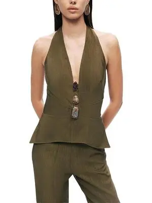 NOCTURNE Halter Neck Peplum Top - Khaki