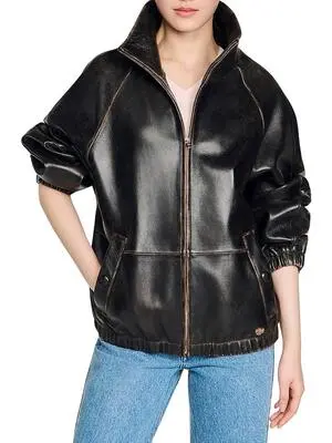 Sandro Jordan Distressed Leather Jacket - Brown