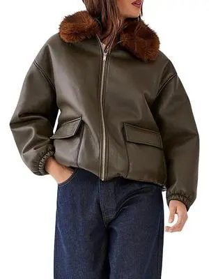 Nasty Gal Bomber Jacket With Faux Fur Collar - Khaki