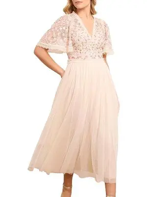 NEEDLE & THREAD Rosie Lace Bodice V-neck Ballerina Dress - Cream/multi