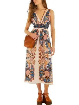 FARM RIO FARM RIO Soft Pink Garden Print Midi Dress