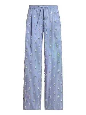 Dolce & Gabbana Poplin Trousers With Crystal Flower Embroidery - Blue