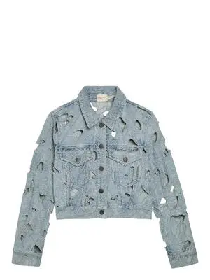 Alice + Olivia Chloe Embroidered Cropped Denim Jacket - Blue