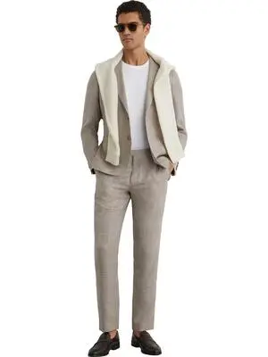REISS Epsom Tailored Fit Linen-wool Check Suit Trousers - Oatmeal Brown