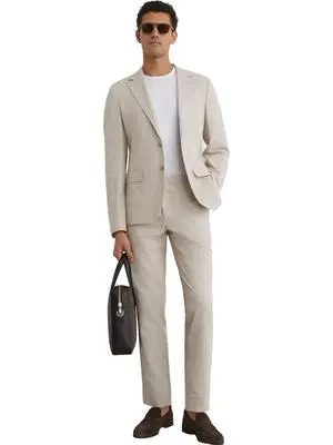 REISS Linen-cotton Check Tailored-fit Trousers - Oatmeal Brown