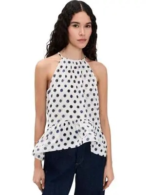 Misa Faith Chiffon Halter Top With Asymmetrical Ruffle Hem - Polka Dot Sm Ch
