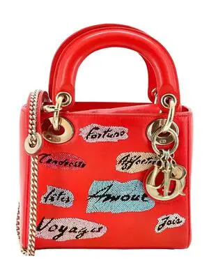 Dior Lady Chain Bag Beaded Leather Mini Shoulder Bag - Red
