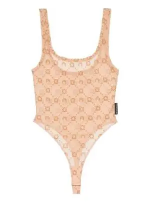 MARINE SERRE Moonogram Mesh Flock Squareneck Bodysuit Camel