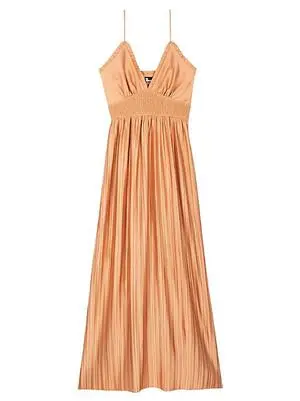 The Kooples V-neck Shirred-waist Woven Maxi Dress - Camel