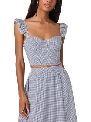 Astr The Label Floral Lace-up Crop Top - Blue Gingham